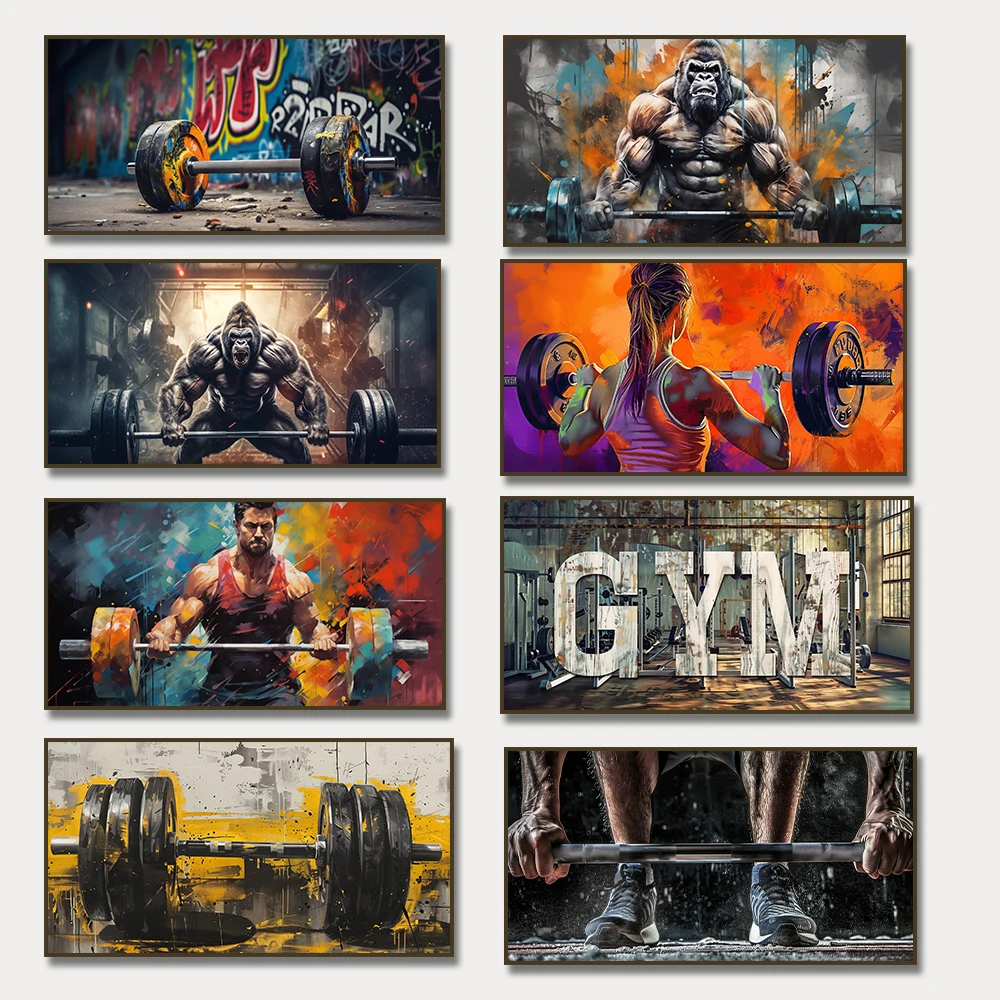 Graffiti Gorilla Barbell Canvas Painting Print Sport Motivational Wall ...