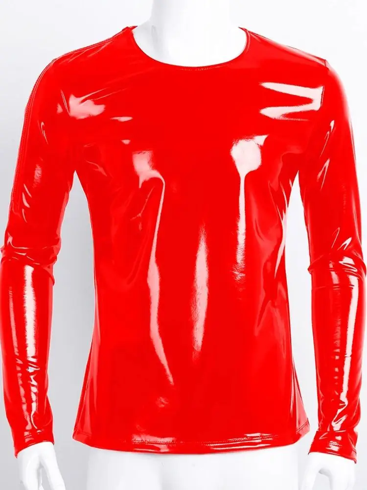 S-7XL-Wet-Look-PVC-Long-Sleeve-T-Shirt-Men-Tshirt-Shiny-PU-Leather-Hip ...
