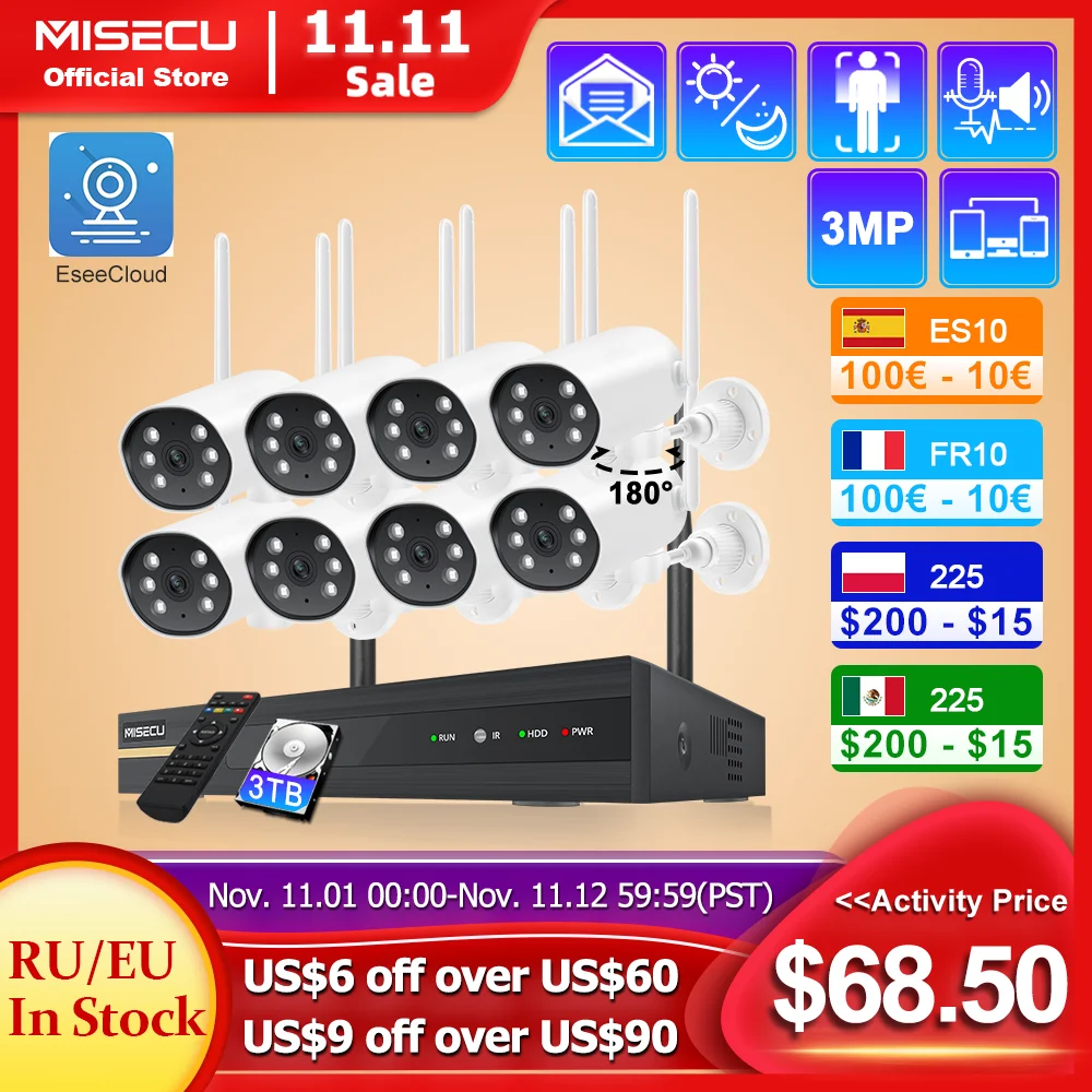 MISECU 8CH NVR 3MP Wireless Camera System Audio Record Outdoor ...