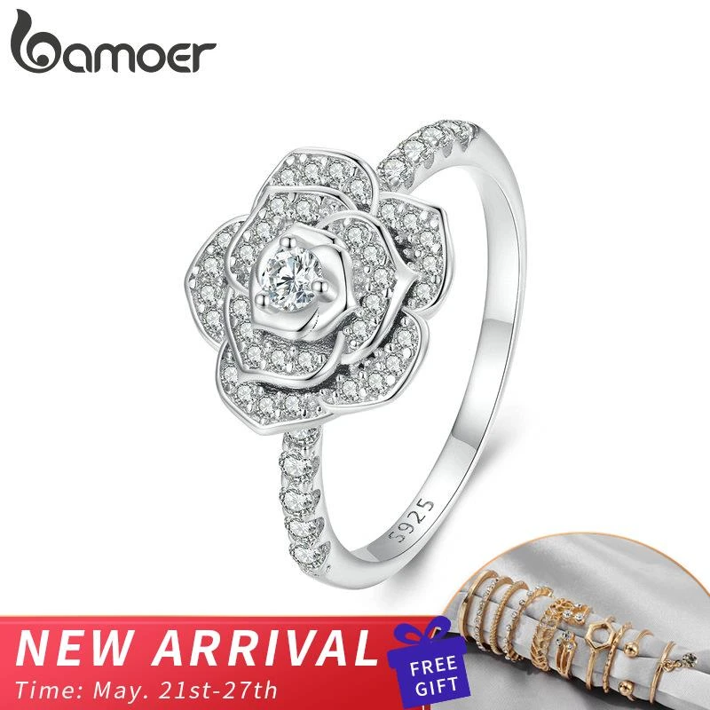 Bamoer 925 Sterling Silver Luxury Flower Ring Delicate Clear Rose Ring Pave Setting CZ for Women ...