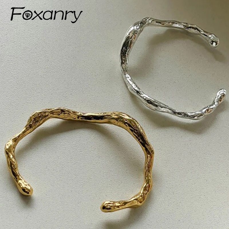Foxanry 여성용 페이딩 방지 골드 컬러 팔찌 빈티지 크리에이티브 불규칙 기하학적 수제 파티 손목 쥬얼리 새로운 패션