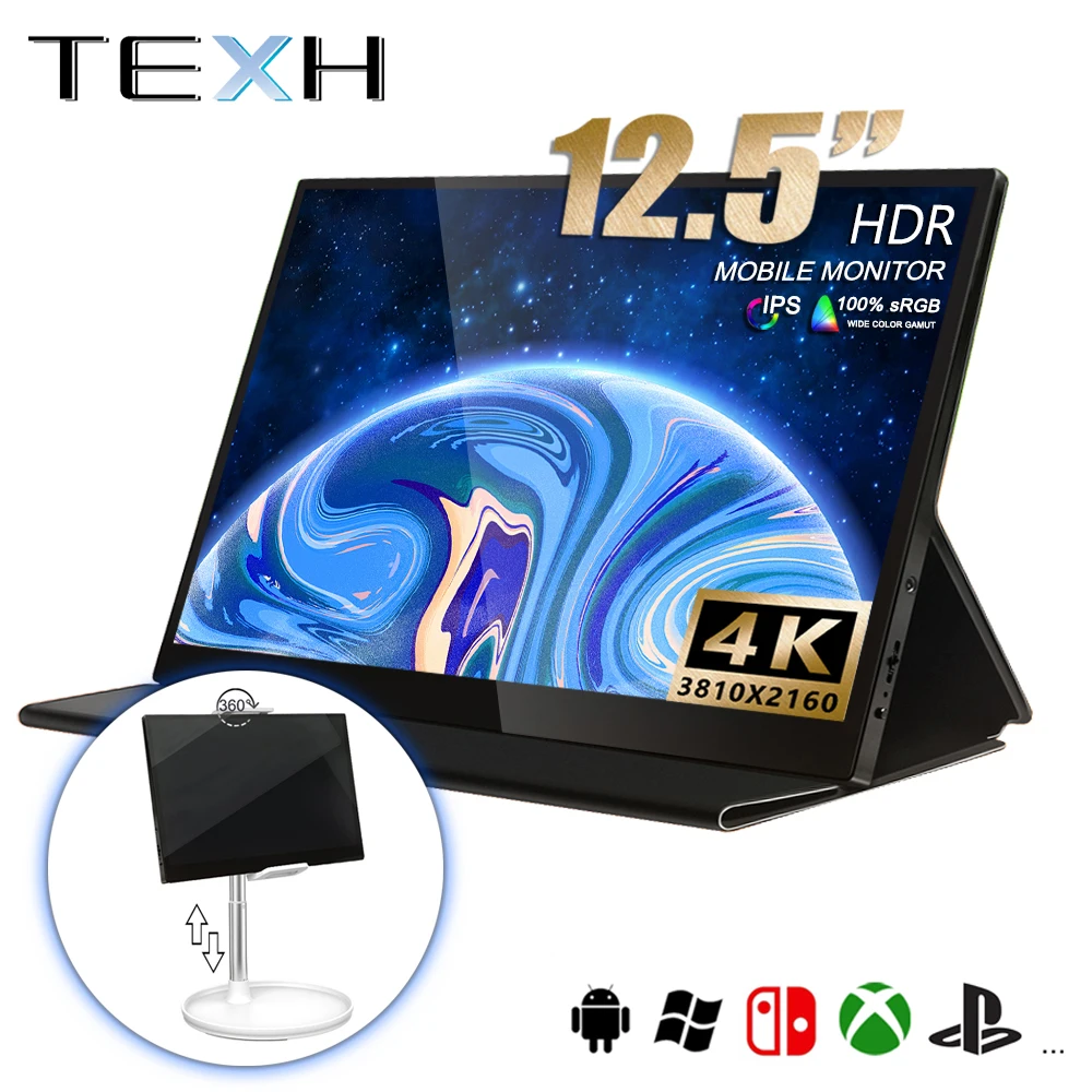 2 인 1 12 5 인치 4k 휴대용 터치 스크린 모니터 Ips C형 휴대 전화 노트북 Pc Hdmi 연결 화웨이 Ps5