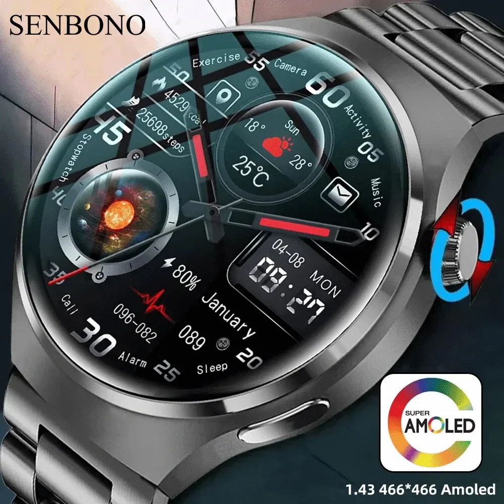 SENBONO AMOLED 466*466 HD Screen Heart Rate Bluetooth Call Wireless ...