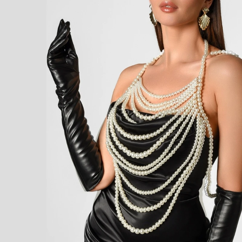 Multilayer Pearl Beaded Body Chain Bralette Chest Harness Necklace Body ...