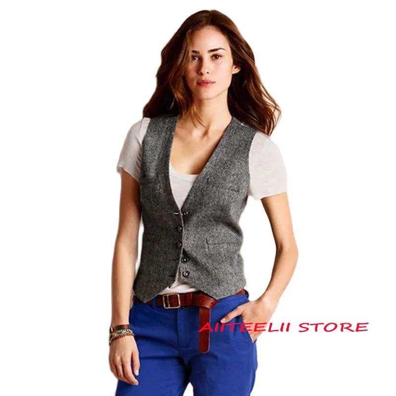 Women's Vintage Suit Vest Herringbone Tweed Jacket Ladies Waistcoat V ...