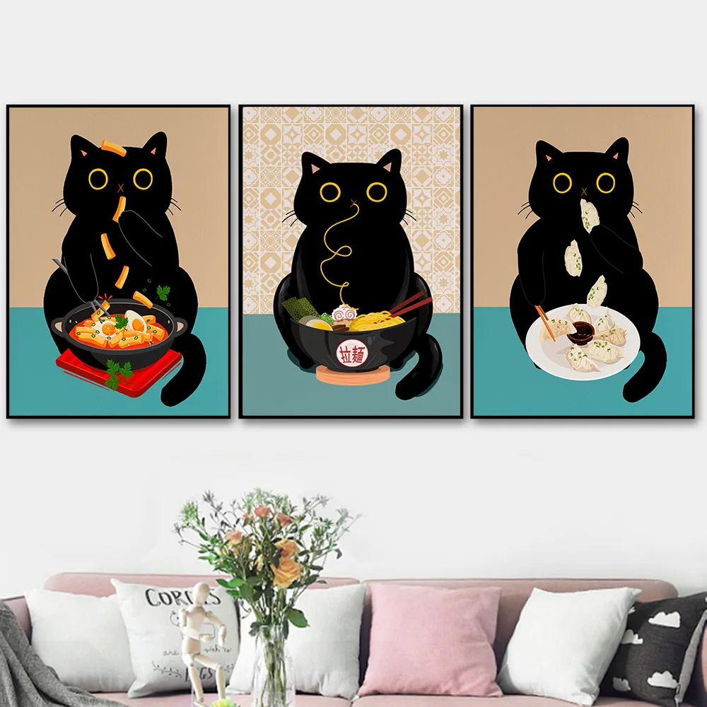 Japanese-Ramen-Dumpling-Sushi-Cat-Canvas-Painting-Animal-Poster-and ...