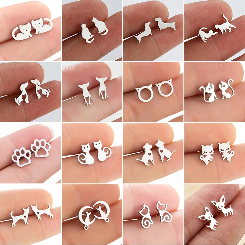 Cartoon Animal Earings Multiple Stainless Steel Cat Stud Earring For Women Girls Small Dog Paw ...
