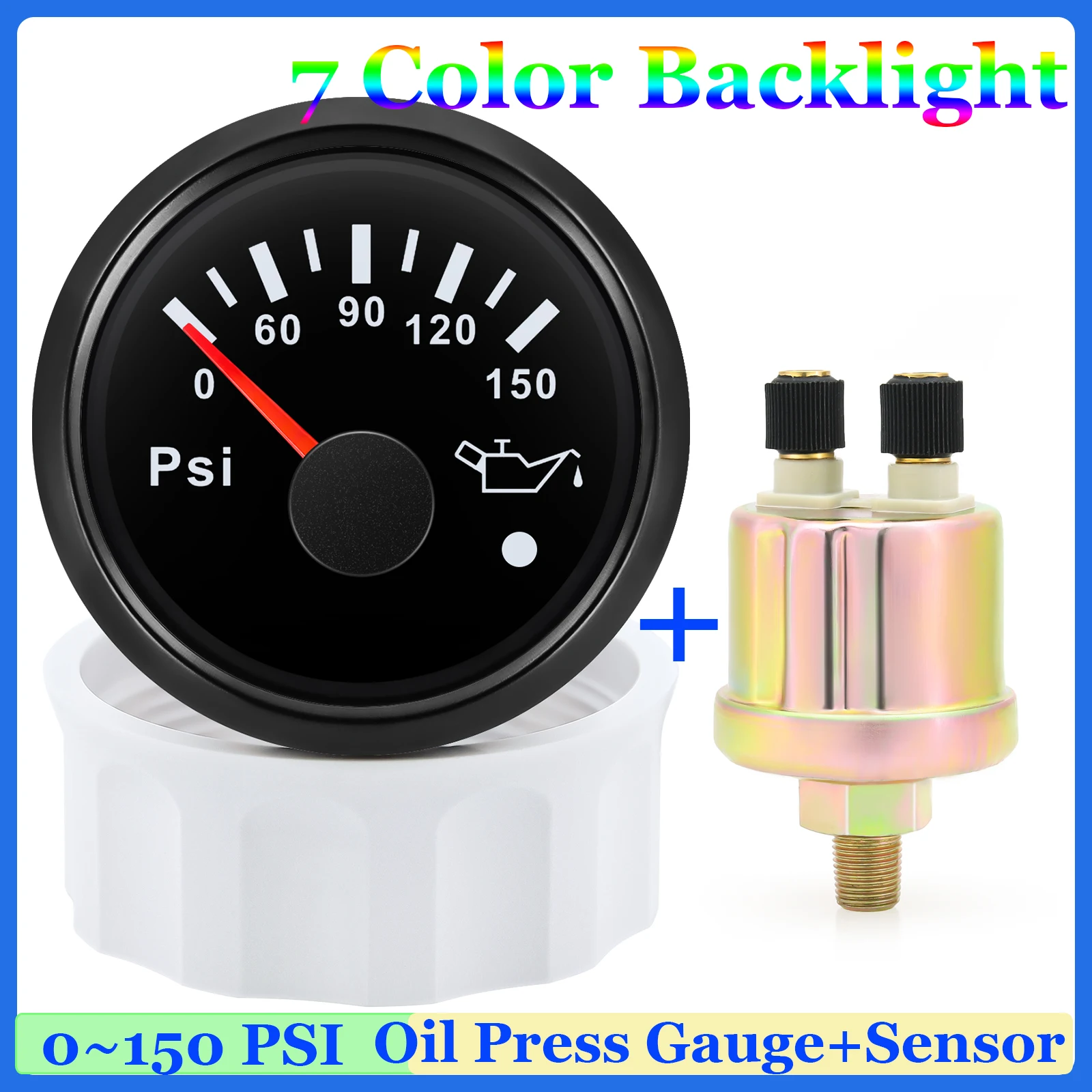0~150PSI 52mm Oil Pressure Gauge with Sensor 1/8NPT 7 Color Backlight ...