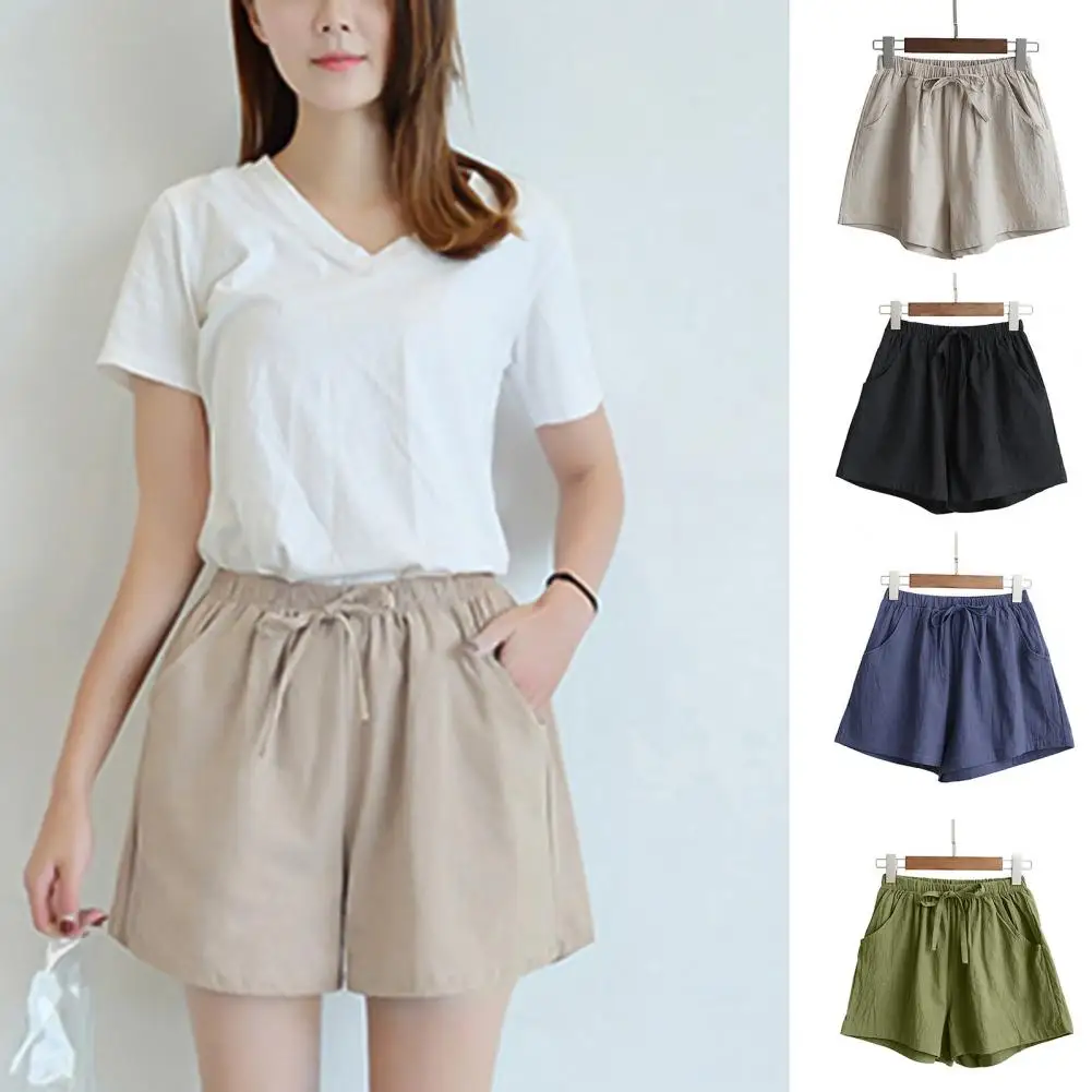 Short-Pants-with-Drawstring-High-Waist-Solid-Color-Double-Pockets-Thin ...