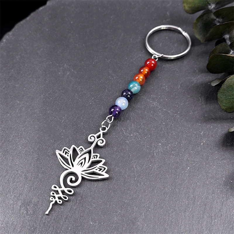 Yoga-Lotus-Healing-Balancing-Maxi-Chakra-Keychain-Stainless-Steel-Colorful-Stone-Beads-7-Chakras ...