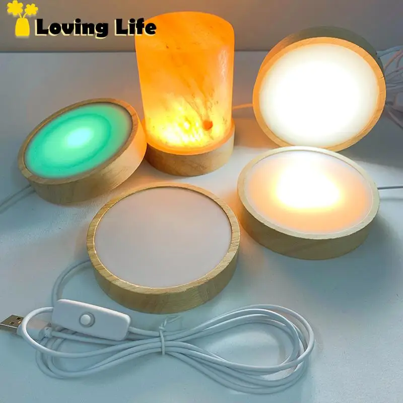 Round Wooden LED Night Light Base 6cm 8cm 10cm Rechargeable Art ...