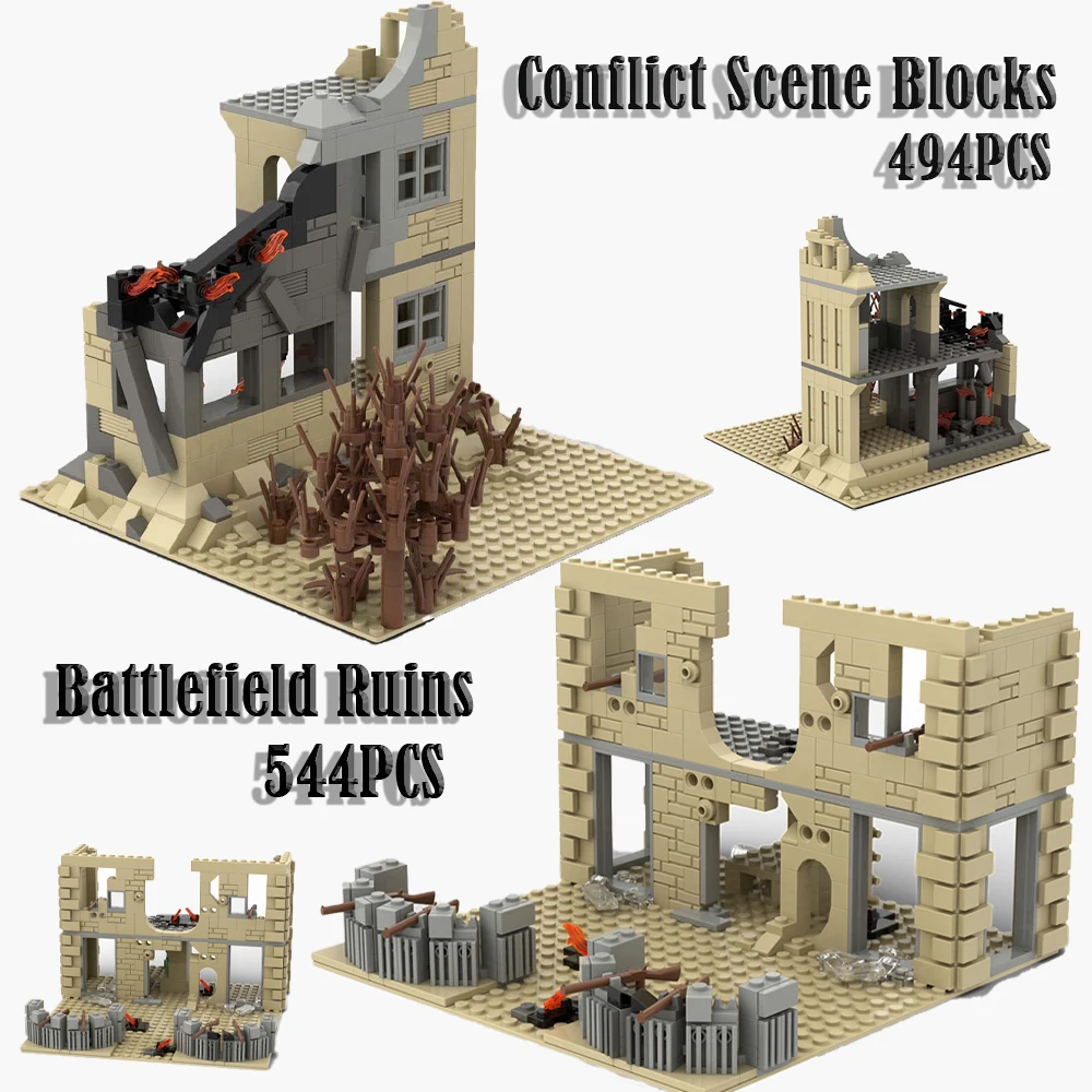 MOC House Ruin Scene Building Blocks Military SWAT Solider Figures Base ...