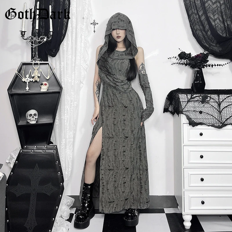 Goth Dark Chic Streetwear Outfit Mall Gothic Sleevelees Hooded Dress ...