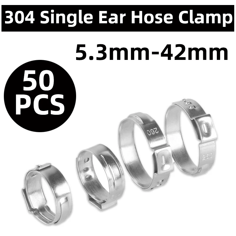 50PCS-Hose-Clamps-Single-Ear-Stepless-5-3-42mm-304-Stainless-Steel-Ear ...