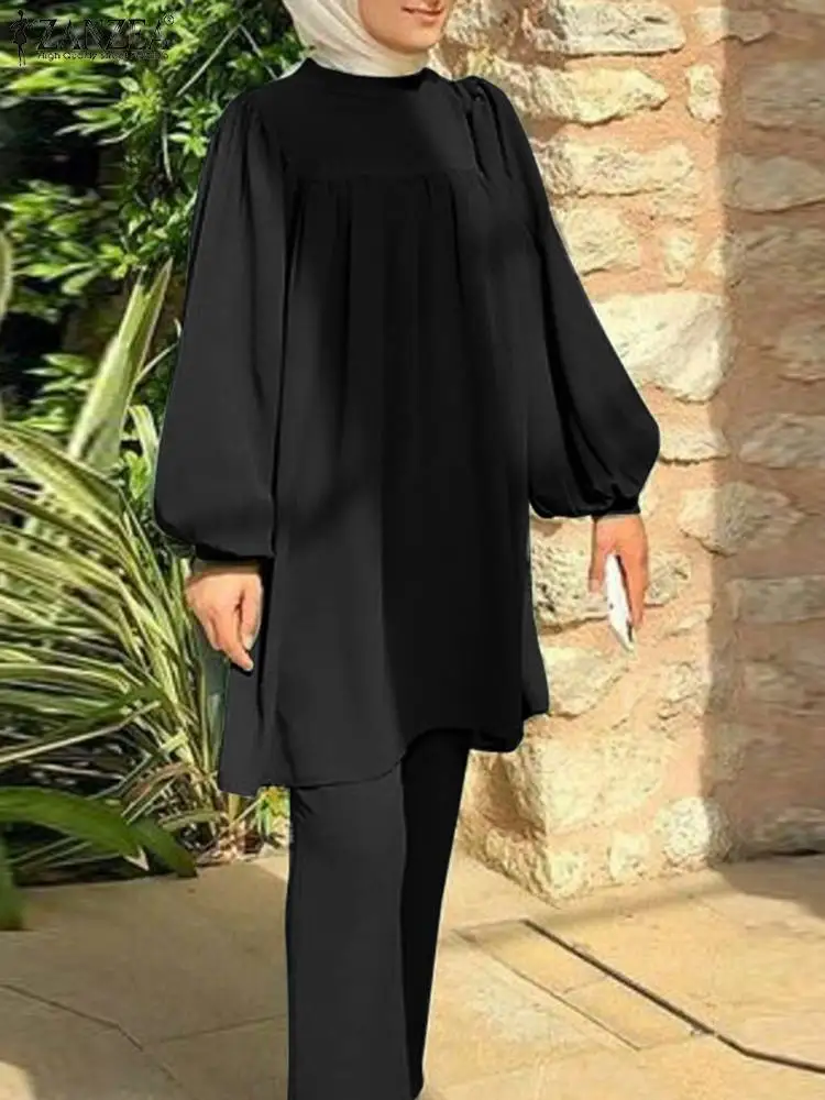 ZANZEA 2PCS Muslim Women Long Sleeve Blouse Pants Suits Eid Mubarek Fashion Islamic Clothing ...