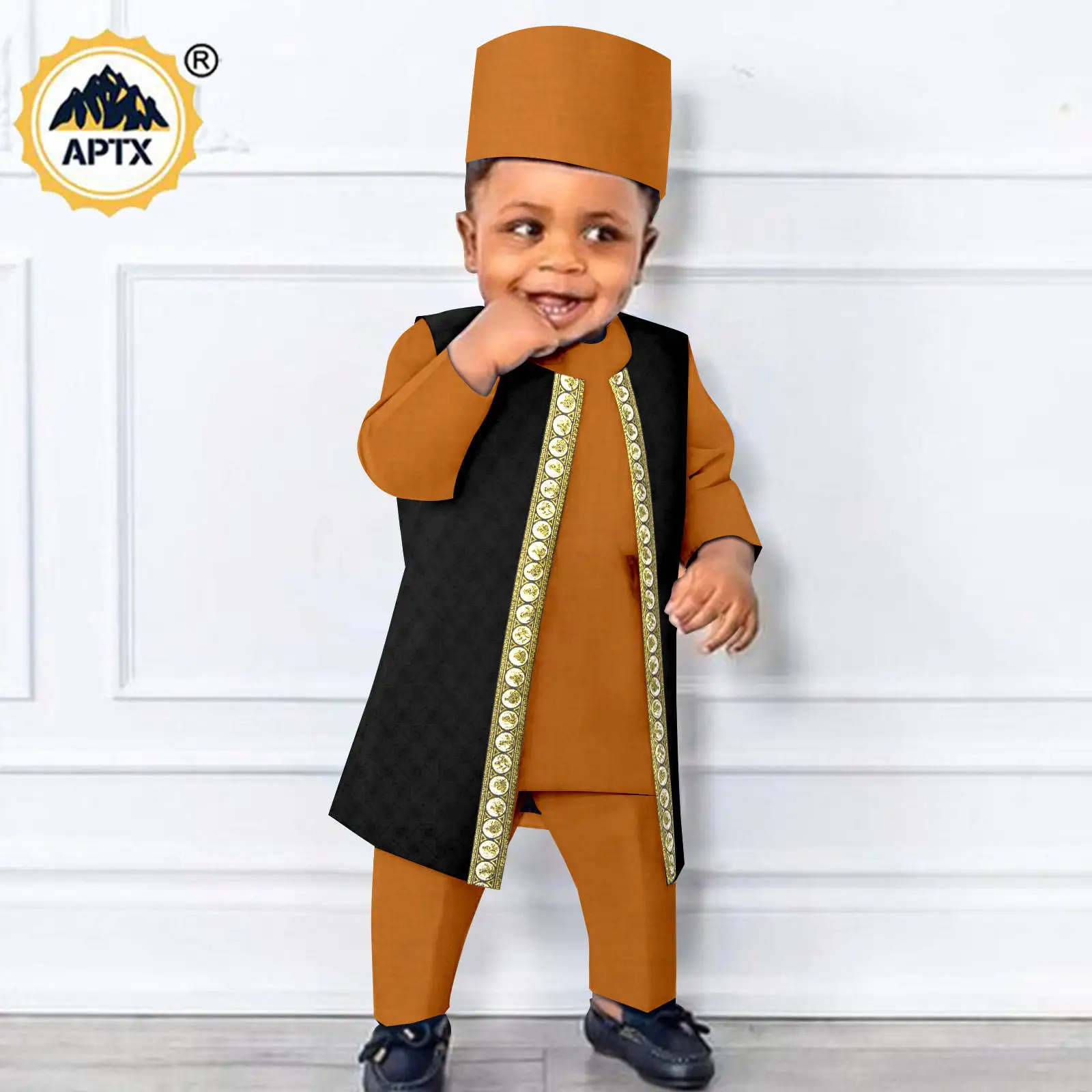African Boy Child Outfit Bazin Riche Hat Vest Top Pant 4 Pieces Muslim ...