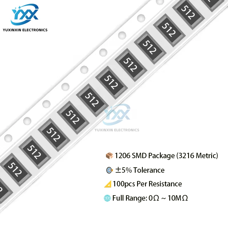 100 Uds 5% 1206 resistencia SMD 0R ~ 10M 1/4W 0 0,1 1 10 100 150 220 ...