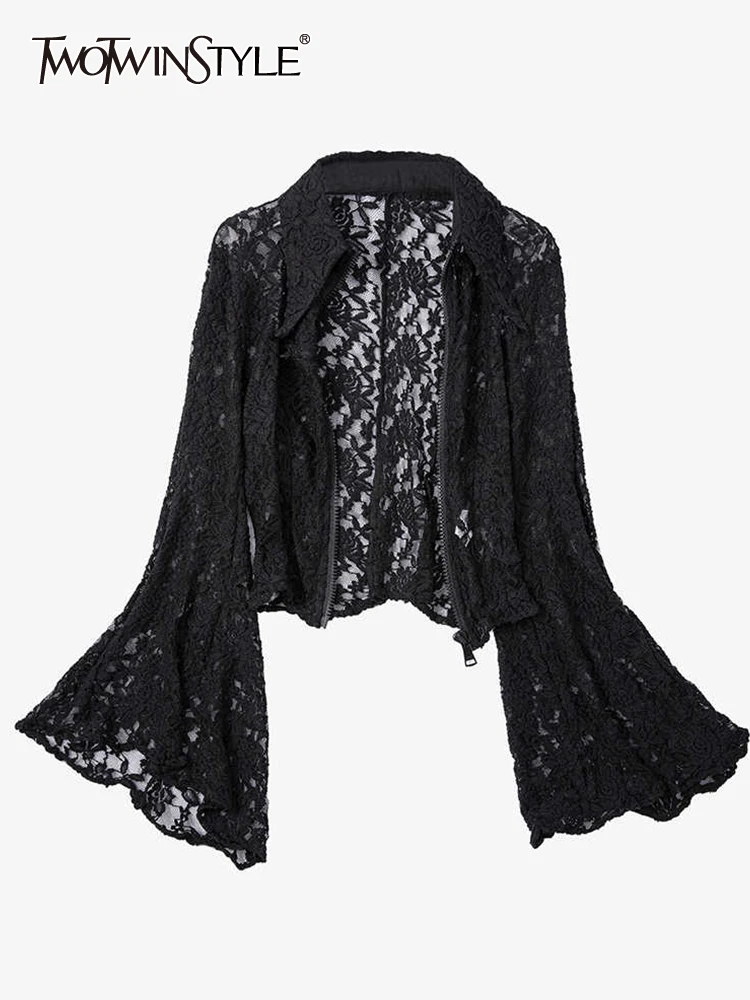 TWOTWINSTYLE-Patchwork-Lace-Up-Jacket-For-Women-Lapel-Flare-Sleeve ...