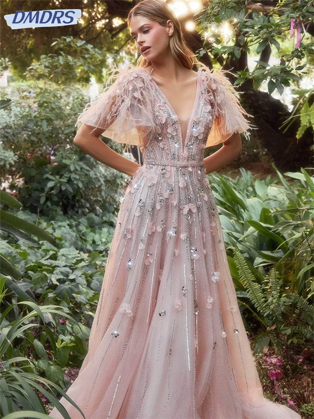 Stylish-Short-Sleeve-Evening-Gowns-2025-Sexy-Deep-V-Neck-Floor-Length ...