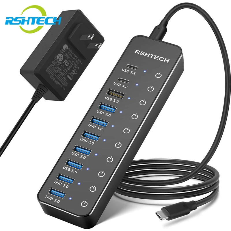 RSHTECH-USB-Hub-10-Port-USB-C-Hubs-60W-with-10Gbps-Data-Transfer-Ports ...