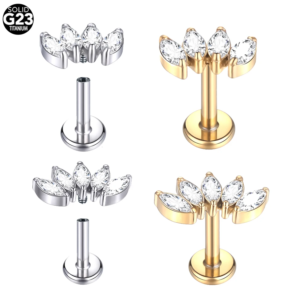 1Pc G23 Titanium Crystal Labret Stud Lip Ring Internal Thread Zircon ...