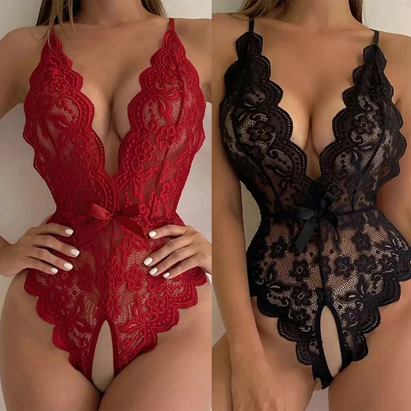 Sexy-Lingerie-Vrouwen-Nachtkleding-Open-Croth-Bodysuit-Teddy-Transparant-Kant-Lingerie-Diep-V ...