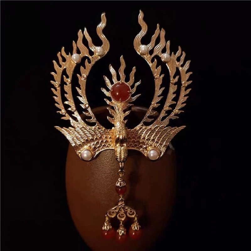 Metal Flaming Phoenix Hair Crown Gold Color Hanfu Headdress