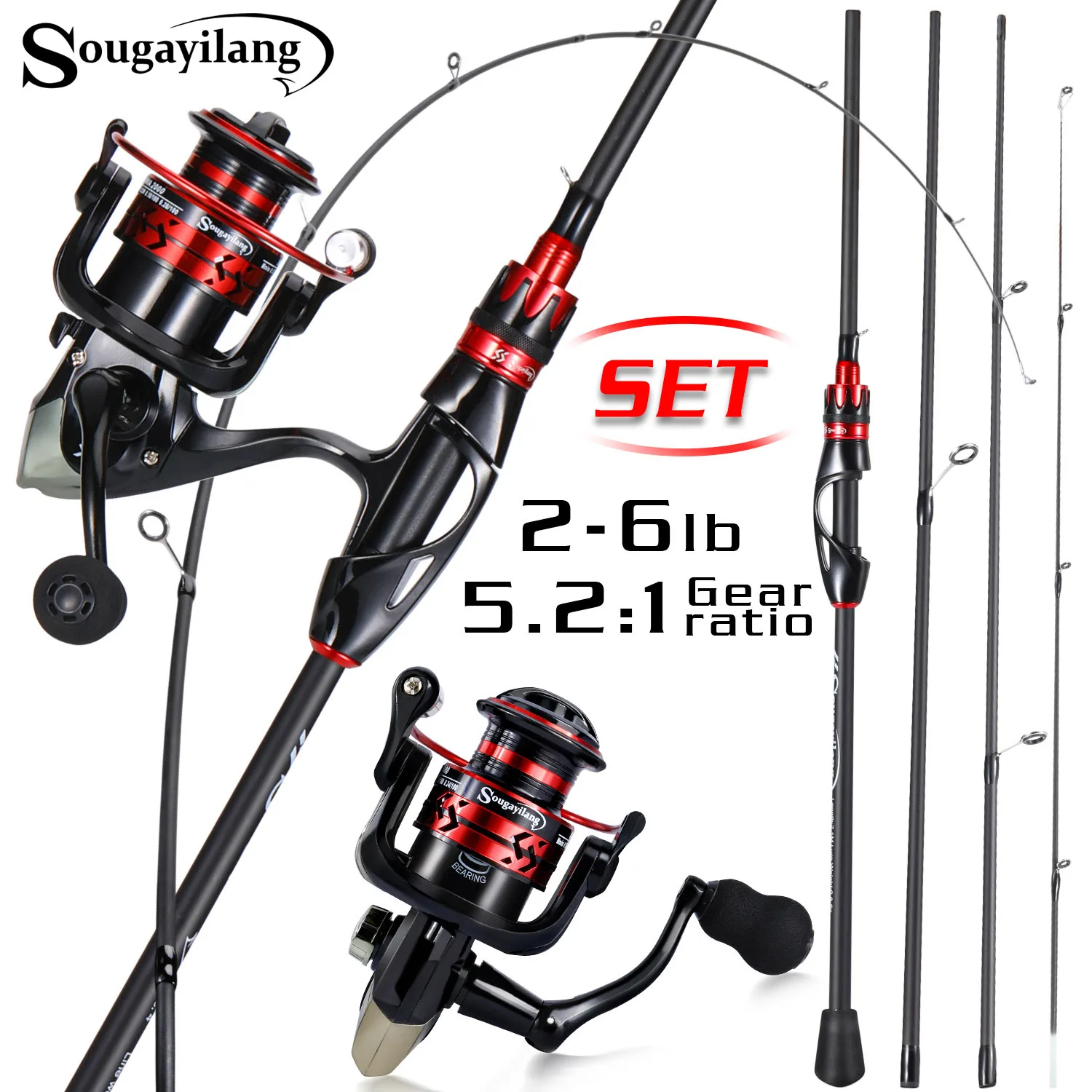 Sougayilang Spinning Fishing Rod Combo 2.1m 4 Sections Carbon Body EVA Handle Rod and 5.2:1 Gear ...