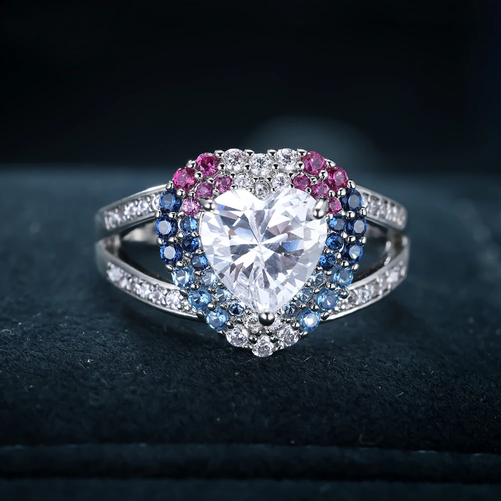 Gradient-Rainbow-Zircon-Big-Heart-Rings-For-Women-Silver-Color-Red-Blue ...