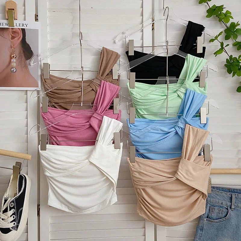 Chic Tank Top Women Irregular Strap Ruched Crop Tops Folds Solid Color ...