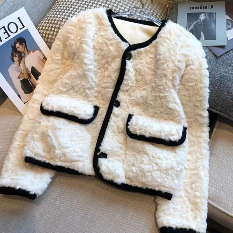 Lucyever-White-Fuzzy-Wool-Jackets-Ladies-Autumn-Winter-with-Pockets ...