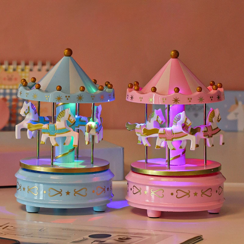 Deluxe Carousel Music Box Light Up with Clockwork 4 Horses Carousel ...