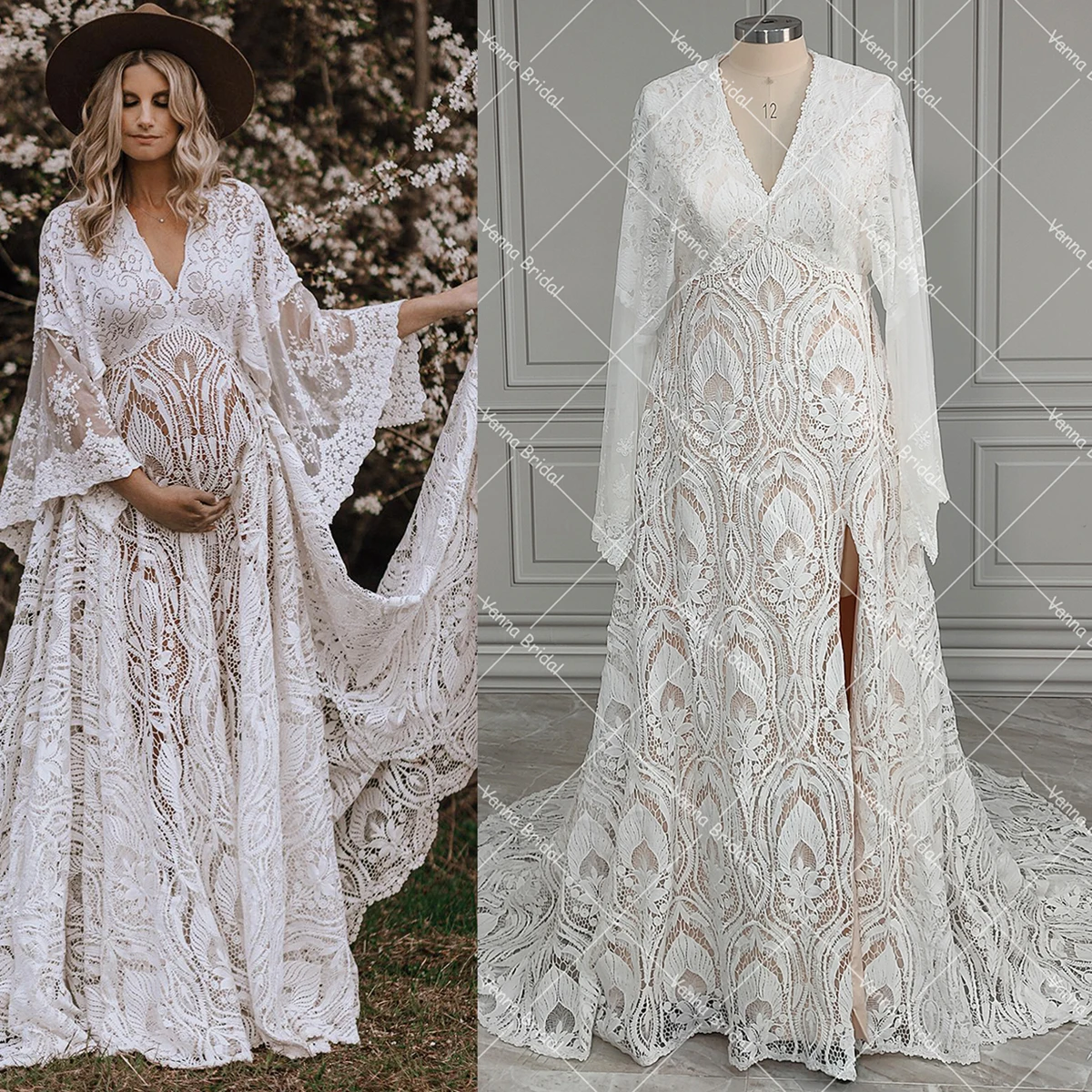 Boho-Empire-Waist-Maternity-Wedding-Dress-Beach-Elopement-Cutout-Lace ...