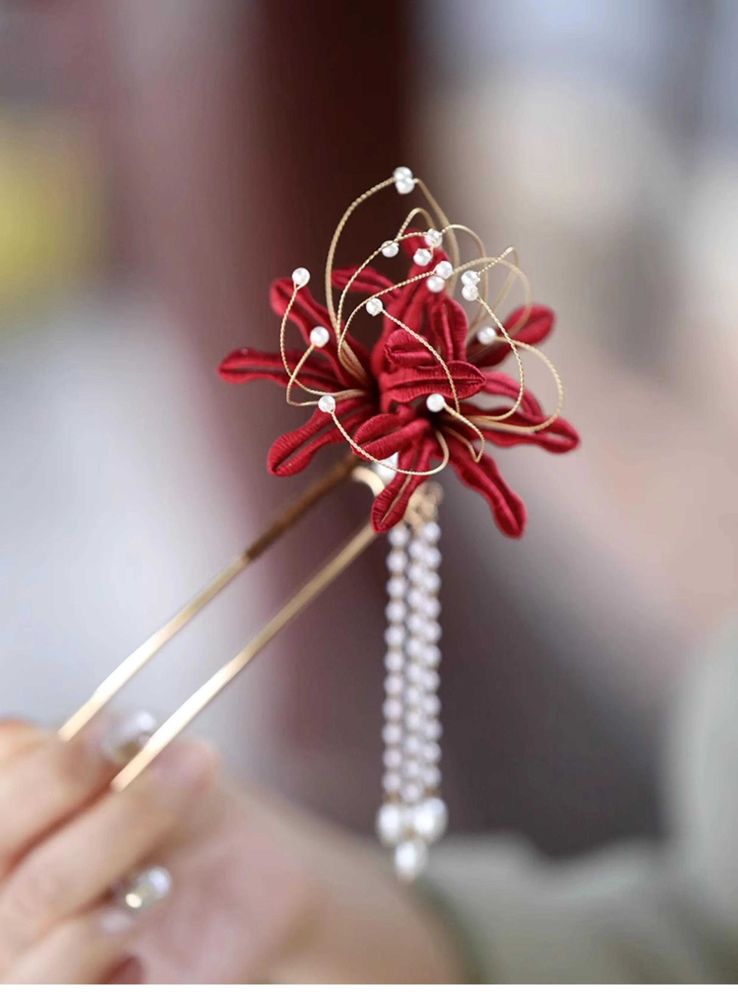 Handmade Red Lycoris Radiata Flower U-shaped Hair Stick Hanfu Cheongsam ...
