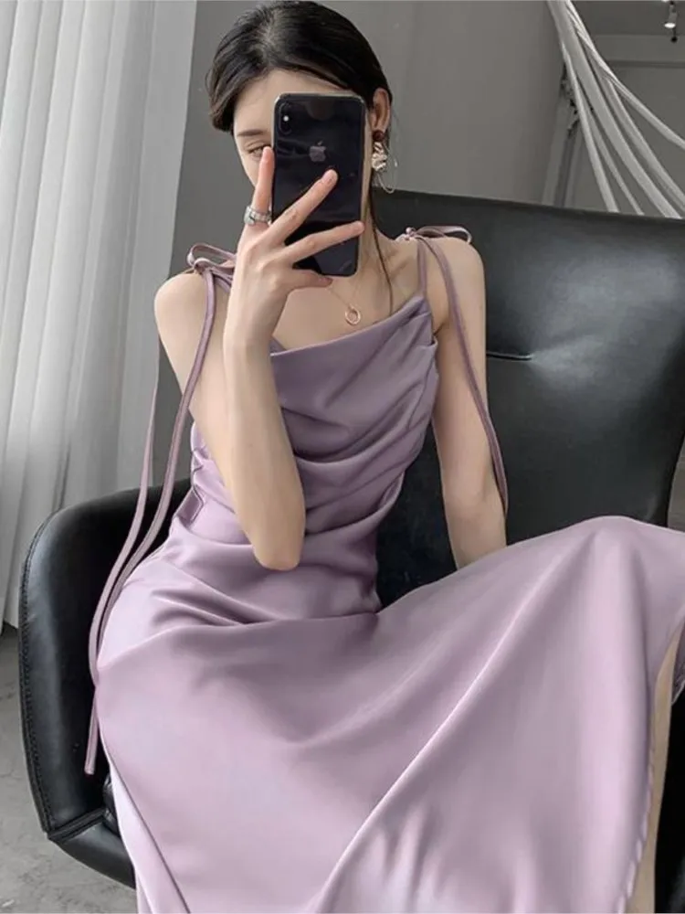 Vestido-Midi-de-sat-n-p-rpura-coreano-para-mujer-moda-Vintage-pliegues ...