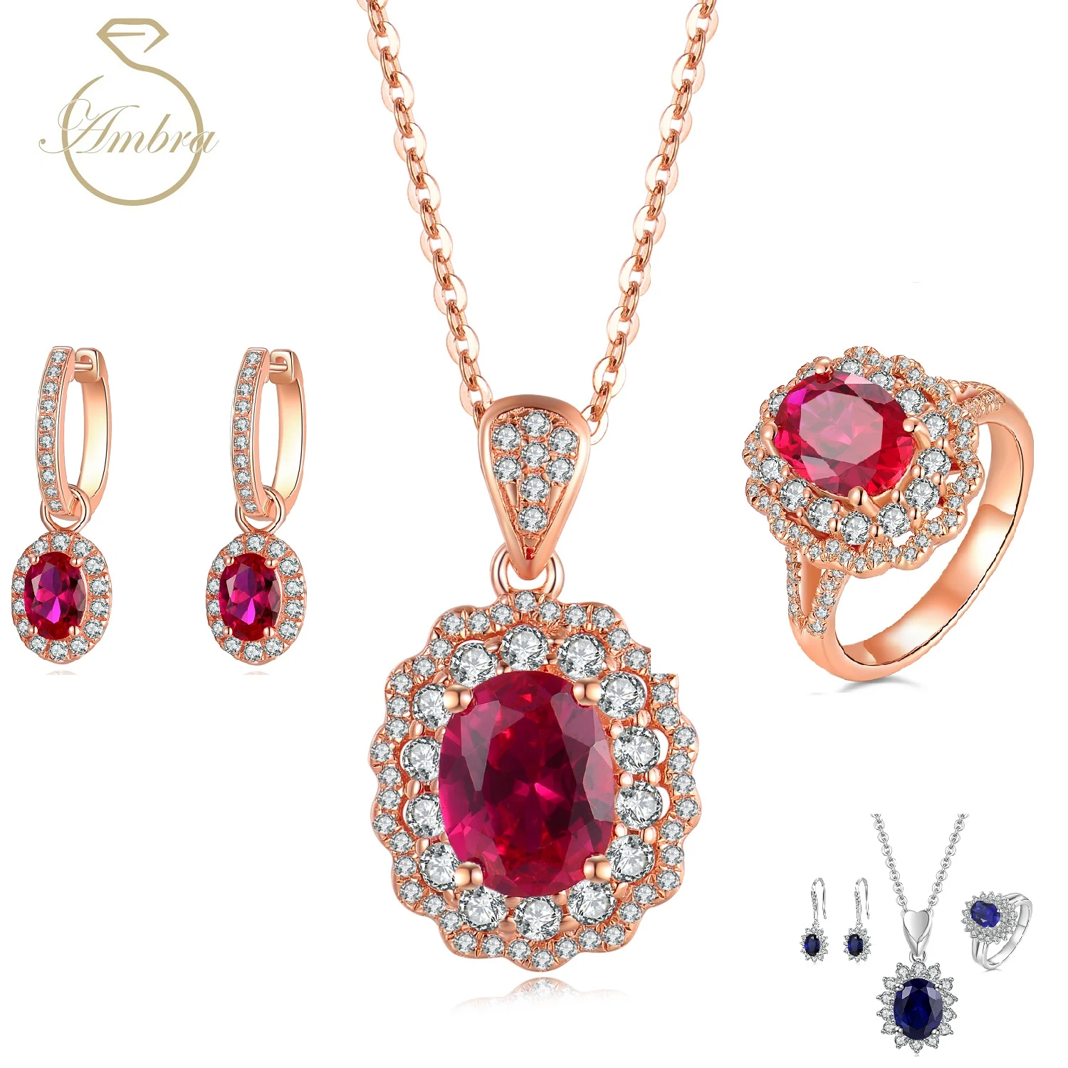 Ambra Fashion Sapphire Ruby Jewelry Set for Women Diamond Moissanite ...