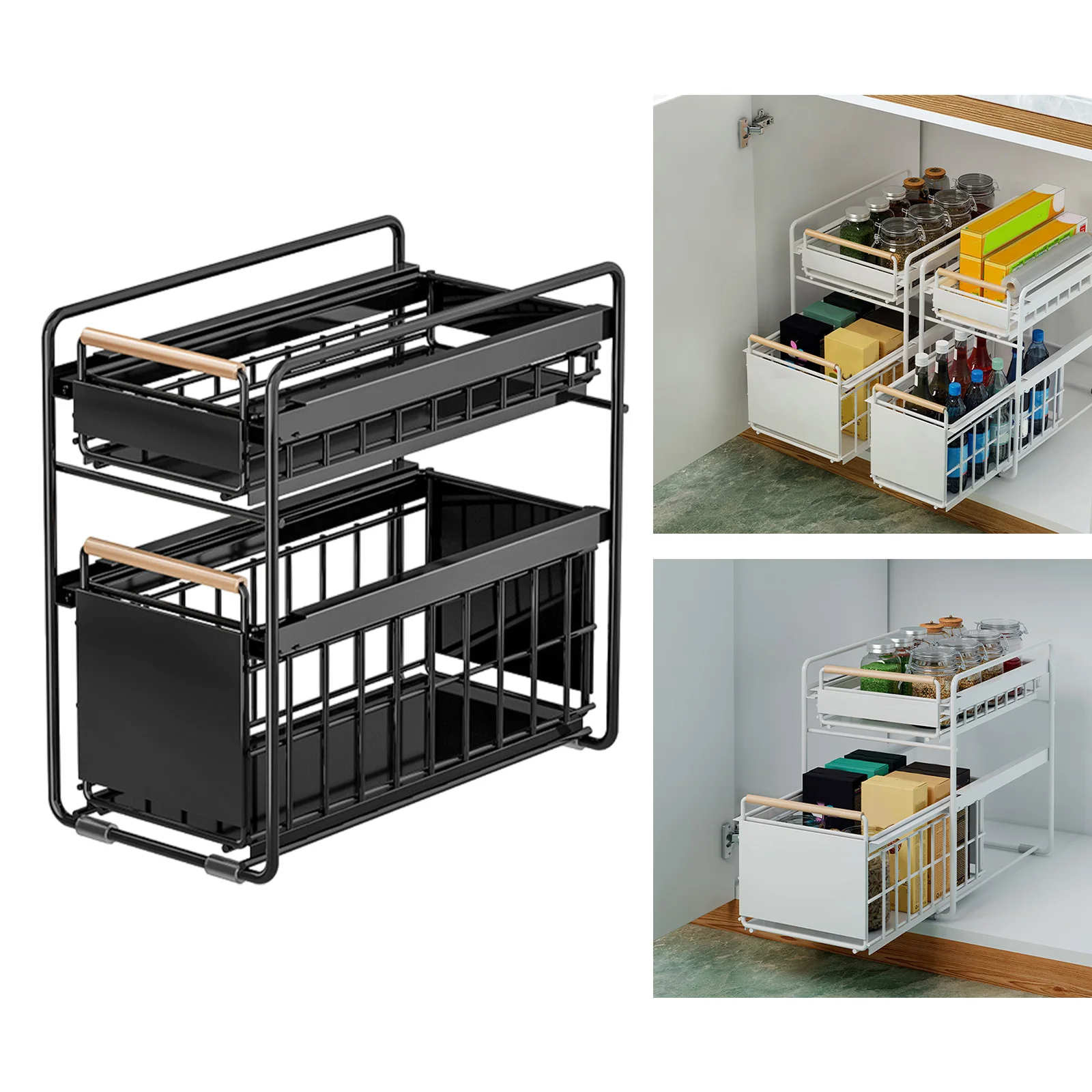 2-Tier-Under-Sink-Organiser-Rack-Sliding-Basket-Drawer-Carbon-Steel ...