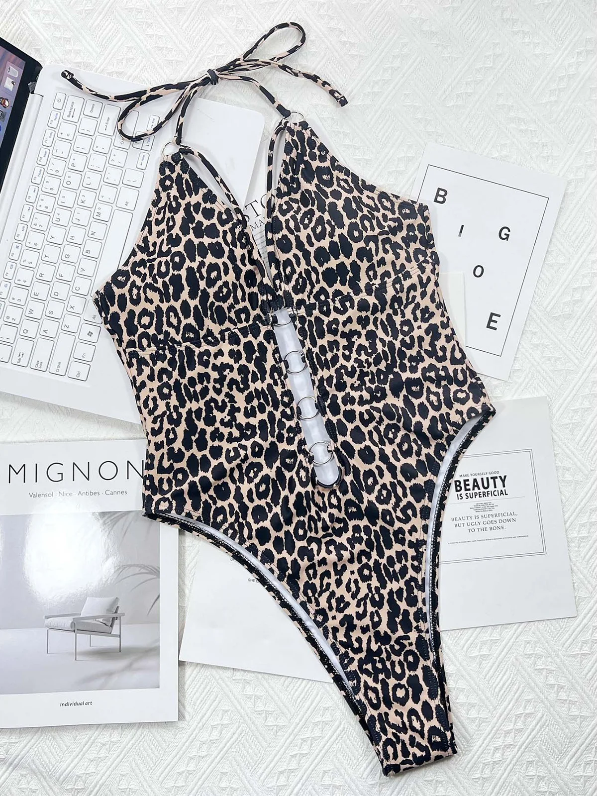 2026 New Leopard Halter Cut Out Monokini One Piece Swimsuit Women ...