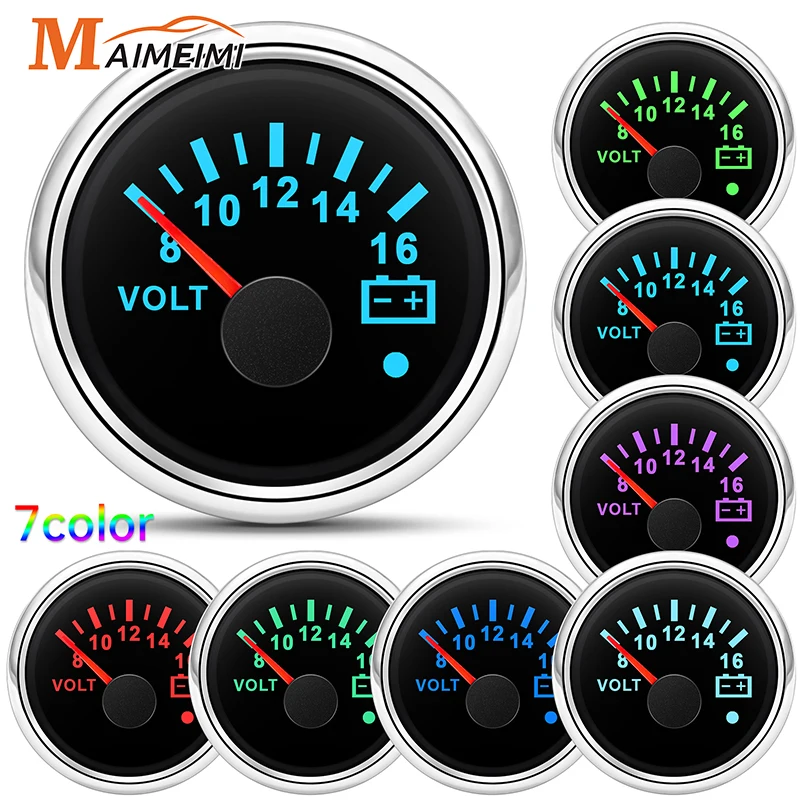 52mm Voltmeter 7 Colors Backlight Voltage 8-16V 18-32V Volt Meter Gauge ...