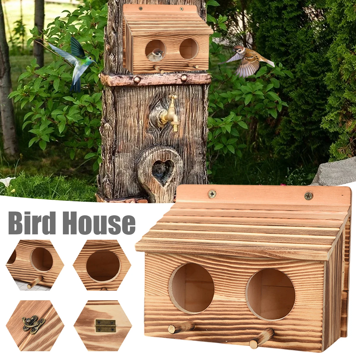 Parrot Cage Wooden Bird House with 2 Holes Creative Hanging Birdhouse ...