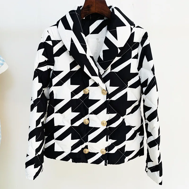 Winter Short Houndstooth Printing Down Jacket Women Lapel Slim Parker ...