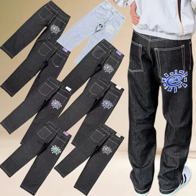 Blue-Sunroll-Print-ADWYSD-Jeans-Black-Casual-Trousers-Street-Zipper ...