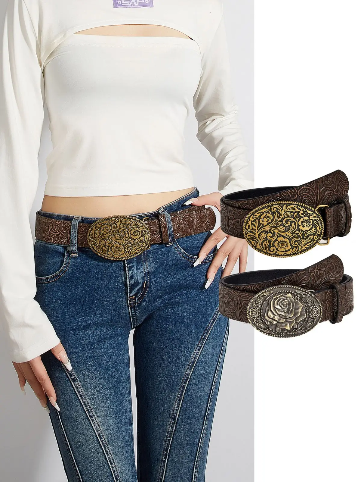 Women-s-Retro-Flower-shaped-Engraved-Metal-Disc-Buckle-Auburn-Random ...