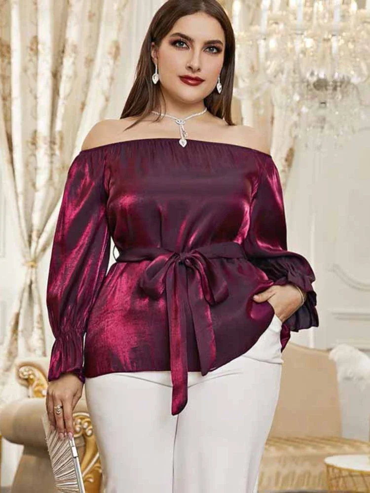 Plus-Size-Tops-Off-Shoulder-Long-Flare-Sleeve-Loose-Casual-Elegant ...