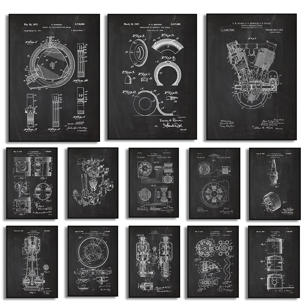Engine Motor Mechanic Blueprints Poster Vintage Mechanical Enthusiast ...