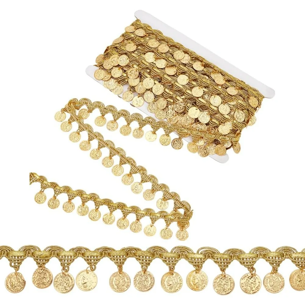 1Roll 10 Yards Gold Coin Shape Sequin Tassel Trim Sequins Lace Tassel ...