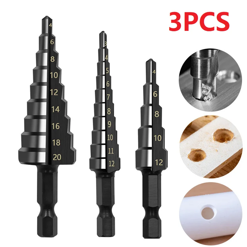 3pcs 3-12mm 4-12mm 4-20mm Hss Straight Groove Step Drill Bit Set Titanium Coated Wood Metal Hole ...