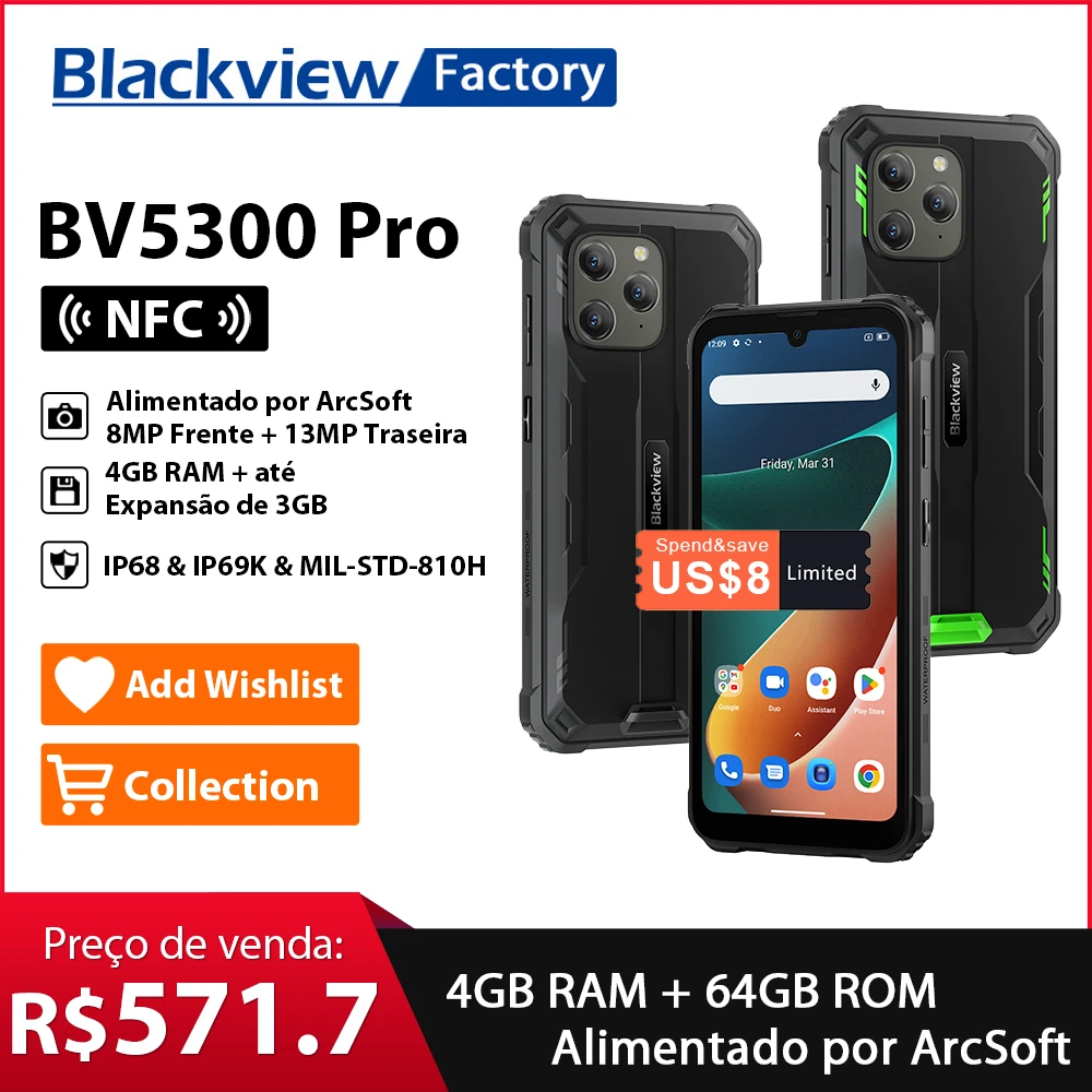 BLACKVIEW BV5300 Pro ArcSoft Smartphone Robusto 4GB 64GB Octa Core Android 12 Telefone Móvel ...