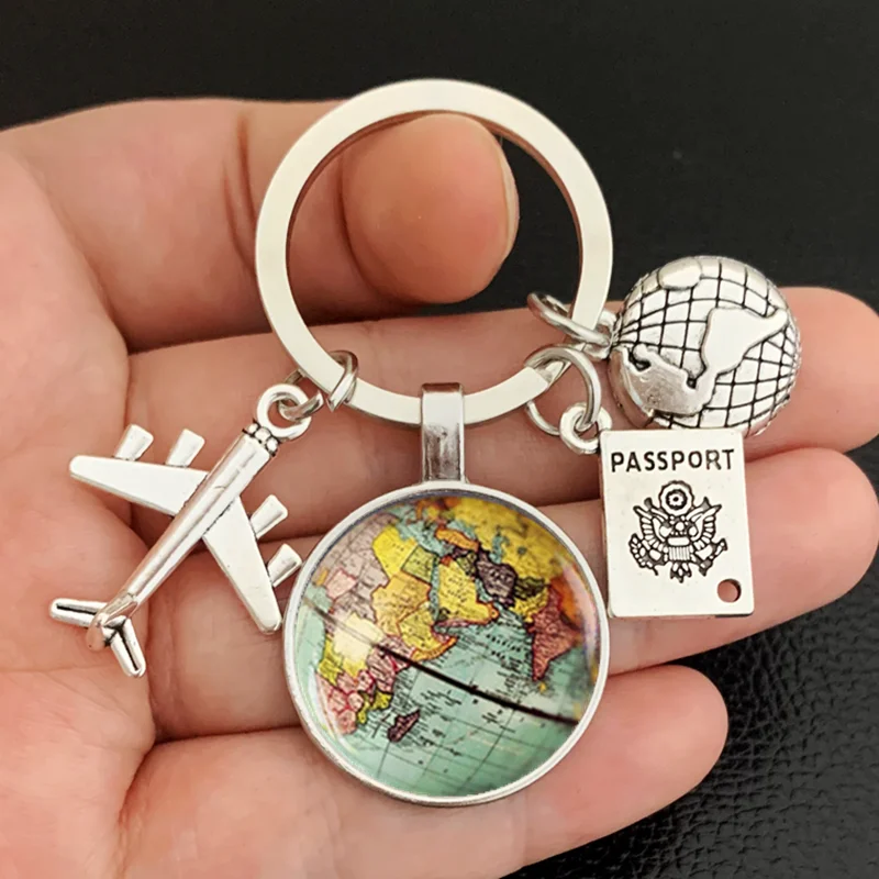 World-Map-Keychain-Travel-Exploring-Glass-Dome-Cabachon-Aircraft-Charm ...