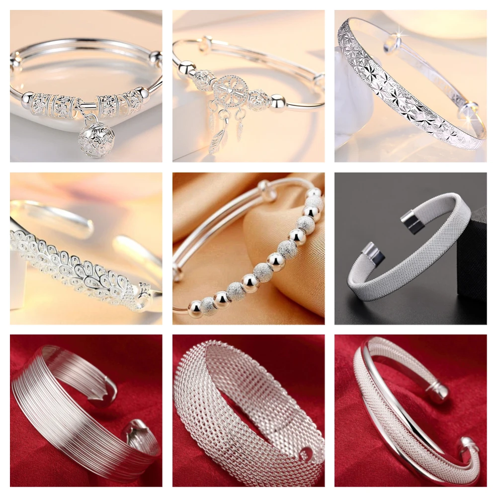 Fine-925-Sterling-Silver-Bracelet-para-Mulheres-Punho-Ajust-vel ...